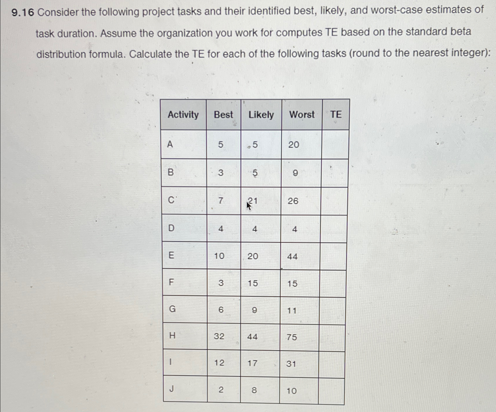 Solved 9.16 ﻿Consider the following project tasks and their | Chegg.com