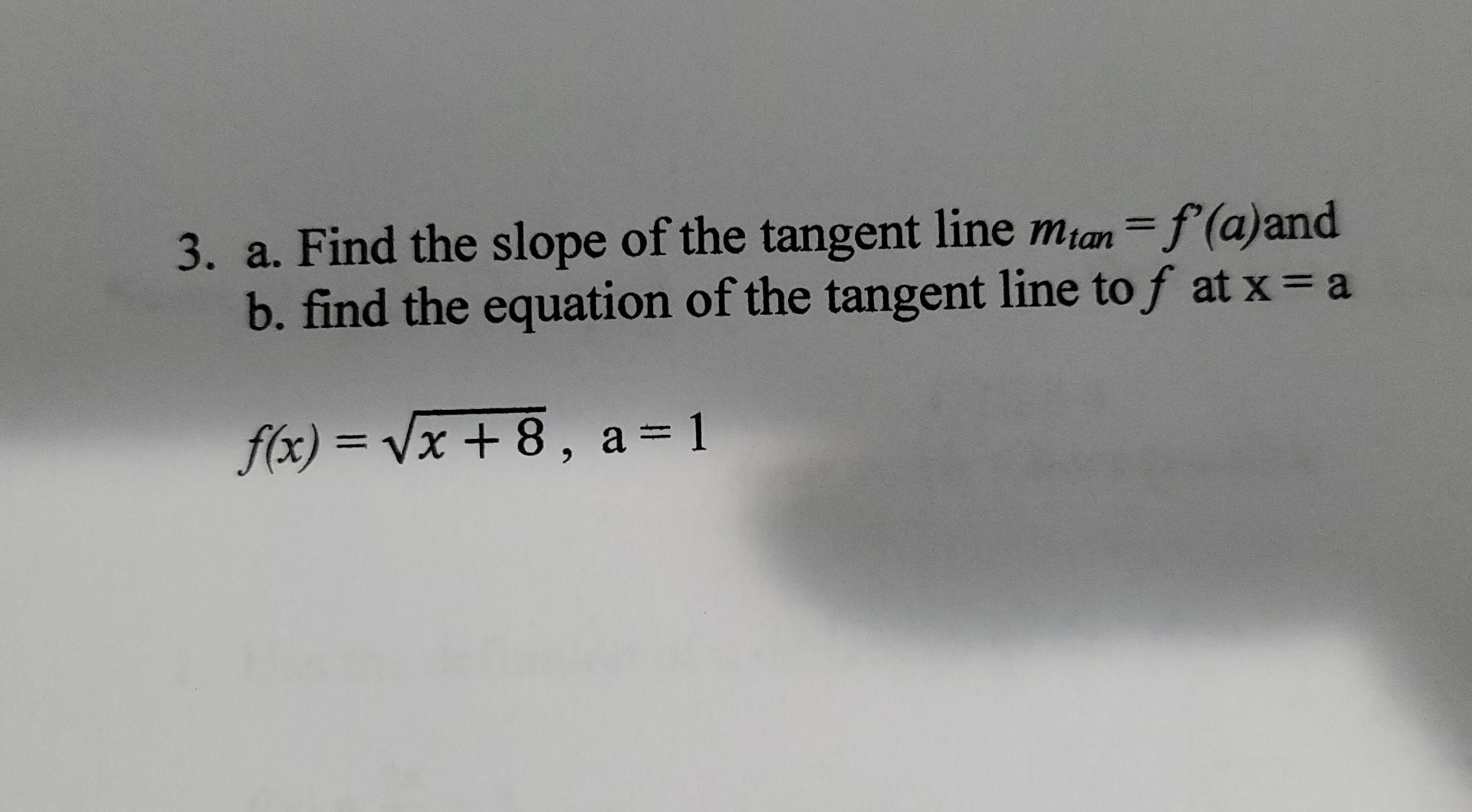 Solved 3. a. Find the slope of the tangent line mtan = f'(a) | Chegg.com