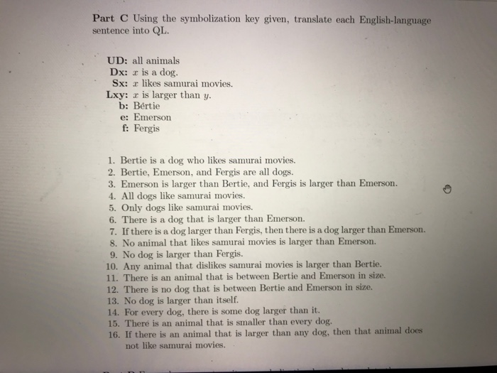 Part C Using the symbolization key given, translate | Chegg.com