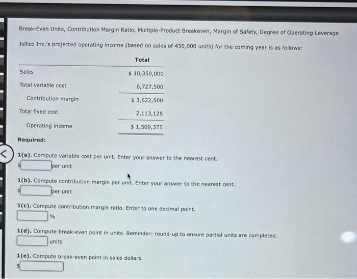 Solved Break-Even Units, Contribution Margin Ratio, | Chegg.com