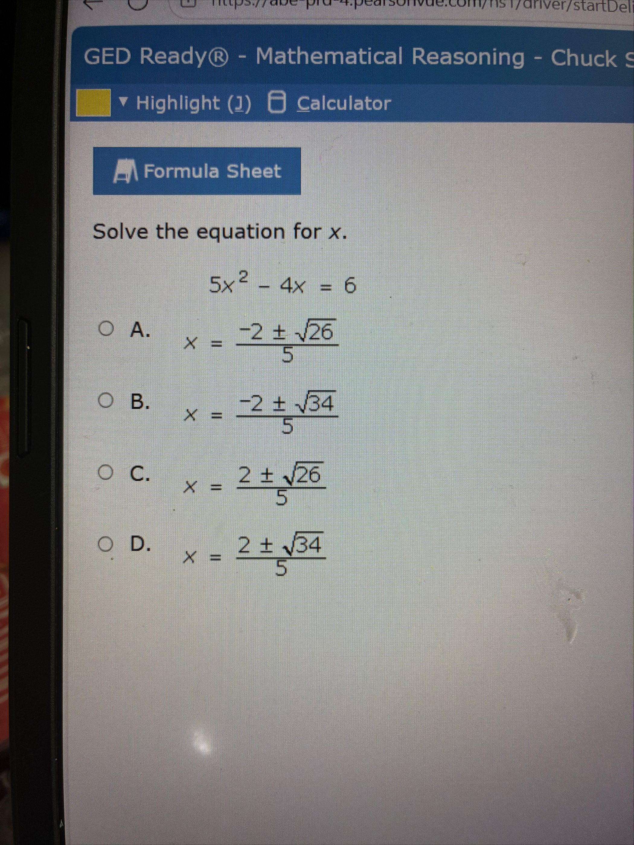 Solved GED Ready® - ﻿Mathematical Reasoning - | Chegg.com