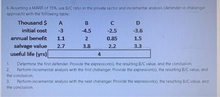 Solved 6. Assuming a MARR of 15%, use B/C ratio in the | Chegg.com
