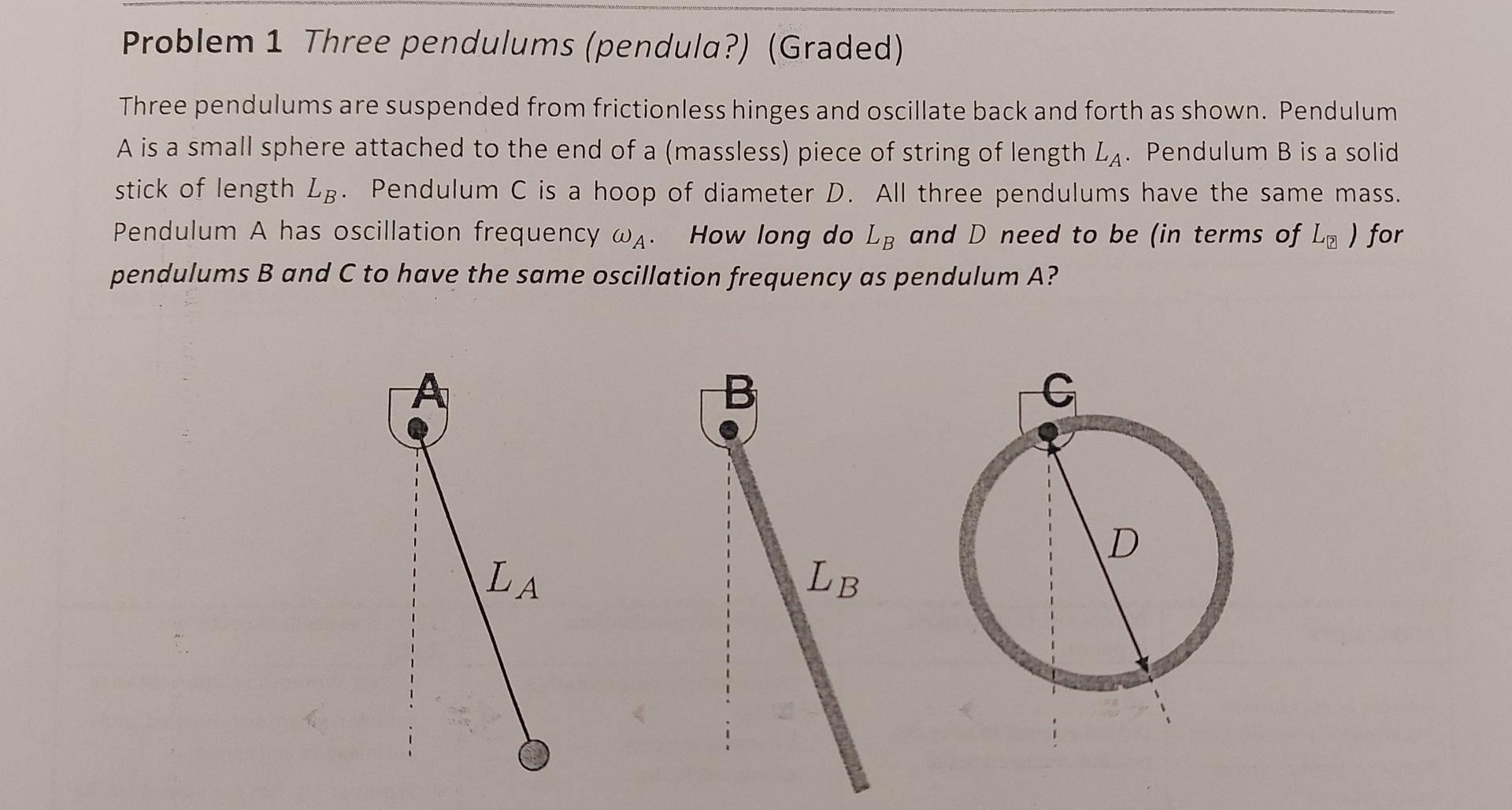 Solved Problem 1 Three pendulums (pendula?) (Graded) Three | Chegg.com