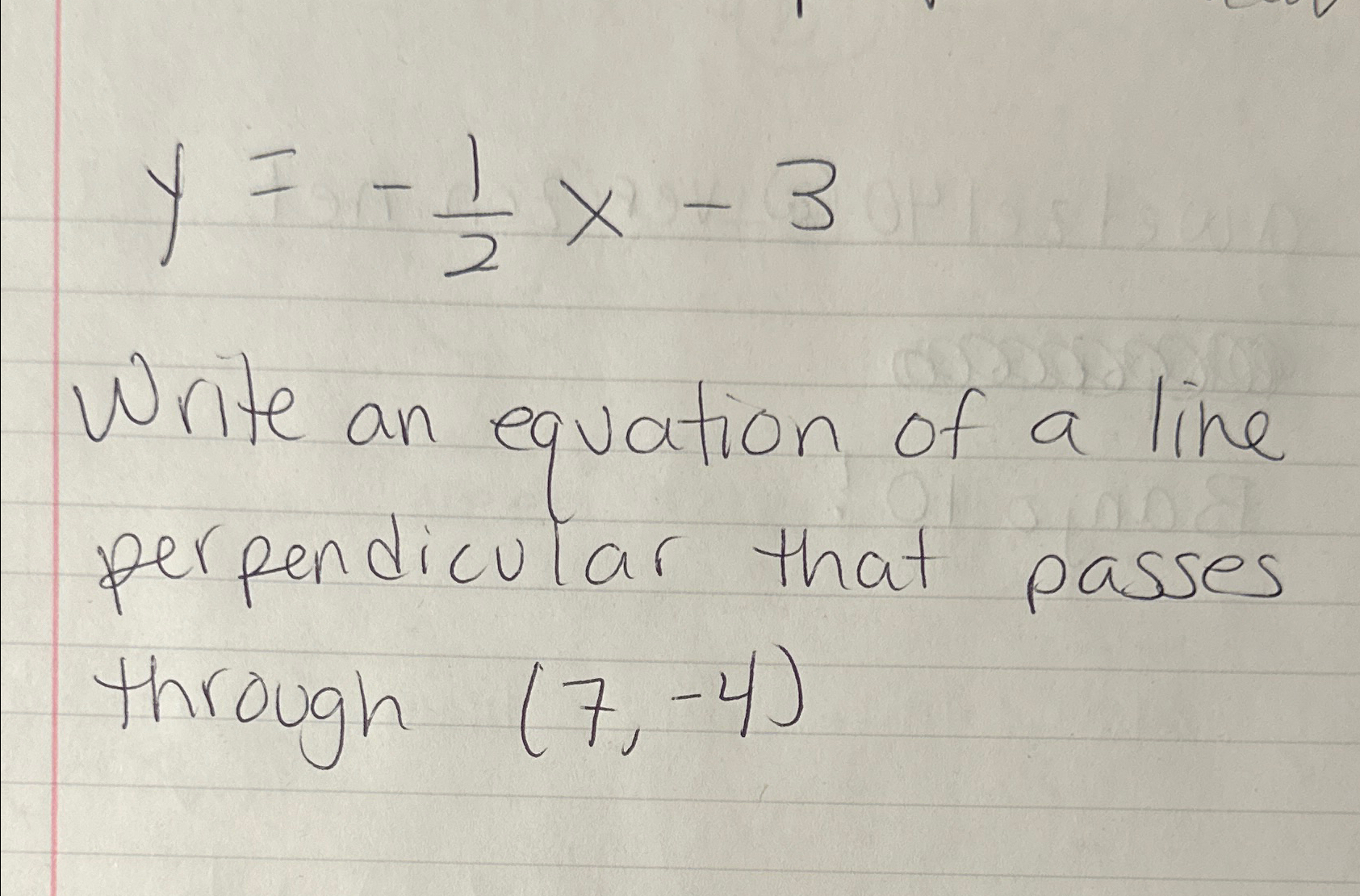 Solved y=-12x-3Write an equation of a line perpendicular | Chegg.com
