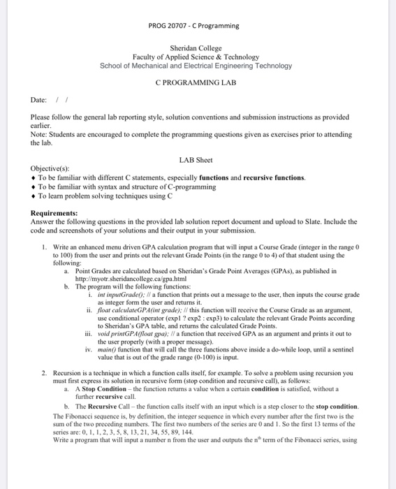 Solved PROG 20707 - Programming Sheridan College Faculty of | Chegg.com