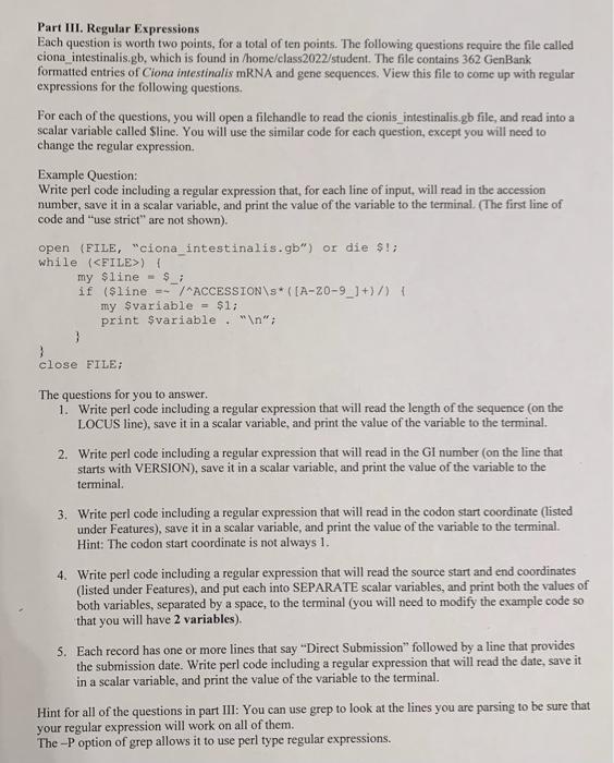 Solved Part III. Regular Expressions Each question is worth | Chegg.com