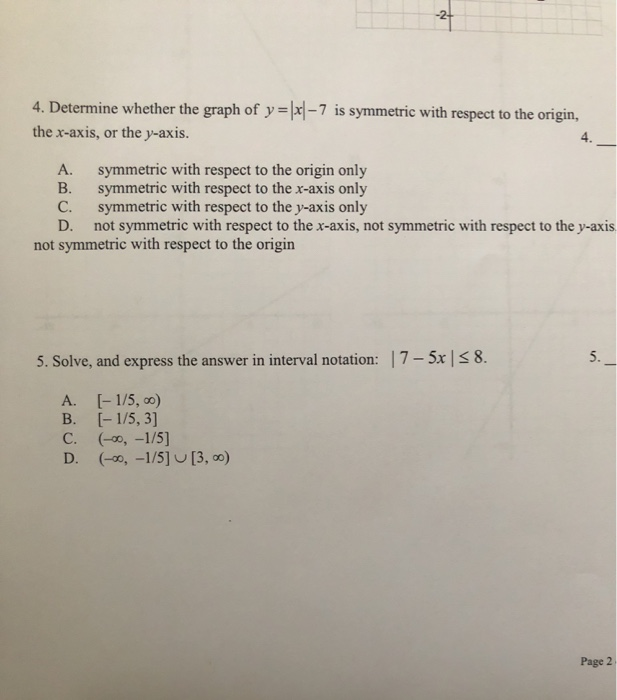 Solved -2- 4. Determine whether the graph of y=|x| --7 is | Chegg.com