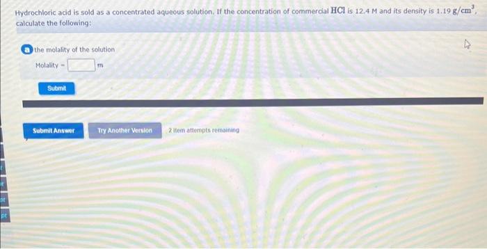 Solved Hydrochloric add is sold as a concentrated aqueous | Chegg.com