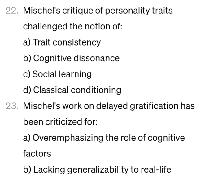 Solved Mischel's critique of personality traits challenged | Chegg.com