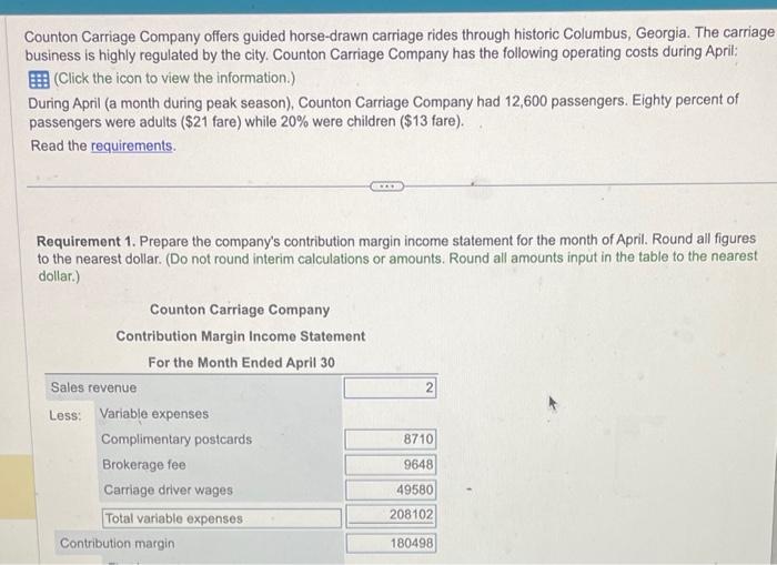 Solved Counton Carriage Company offers guided horse-drawn | Chegg.com