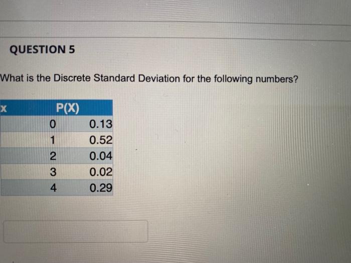 Solved QUESTION 5 What is the Discrete Standard Deviation | Chegg.com