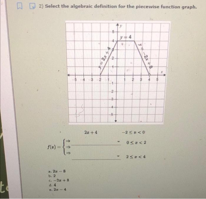 Solved 2) Select the algebraic definition for the piecewise | Chegg.com
