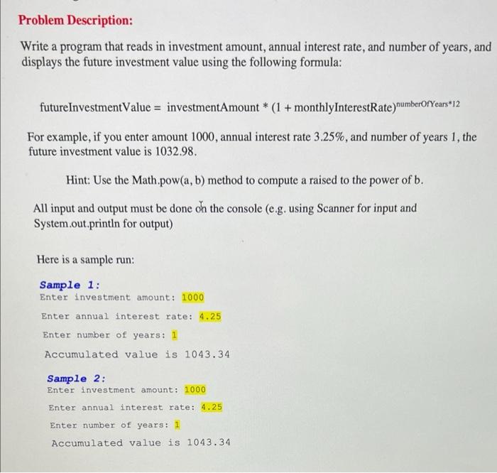 Solved Problem Description: Write a program that reads in | Chegg.com