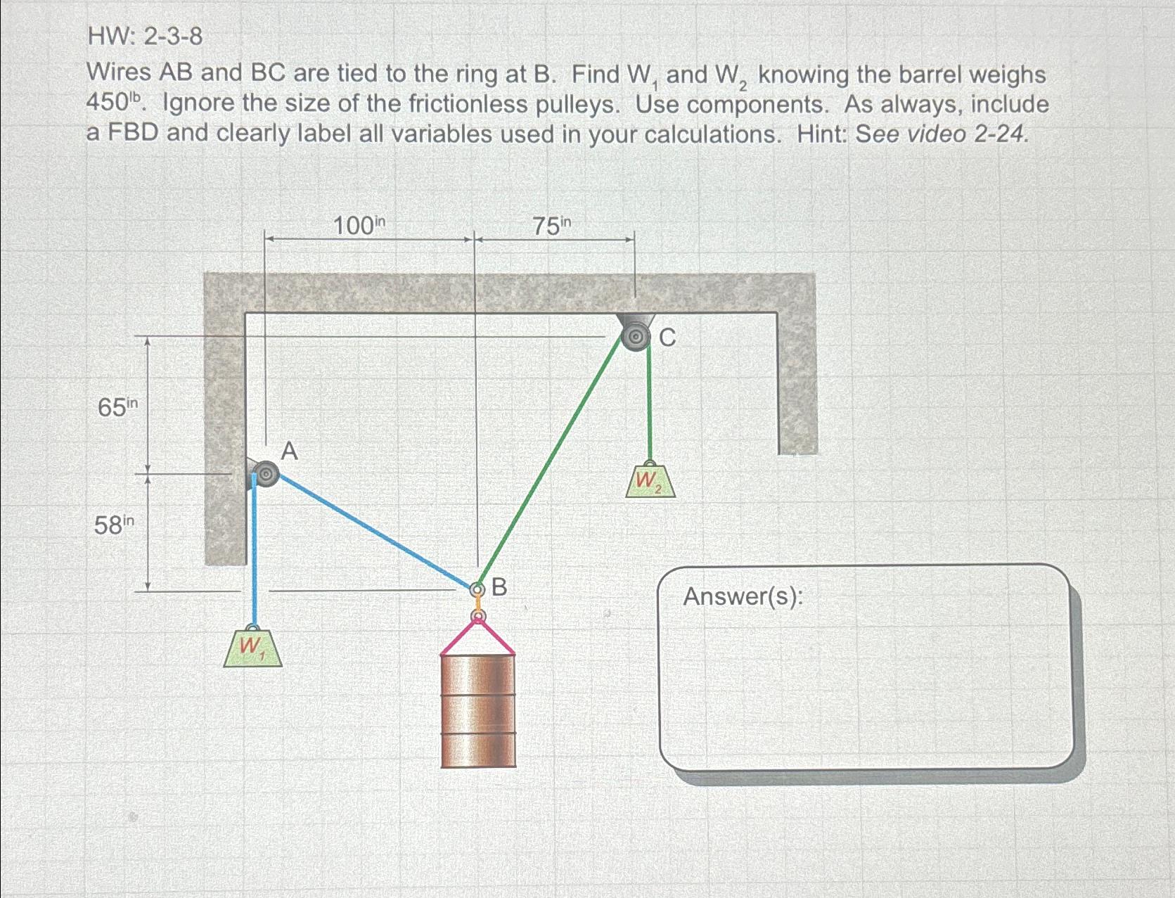 Solved HW: 2-3-8Wires AB ﻿and BC ﻿are tied to the ring at B. | Chegg.com