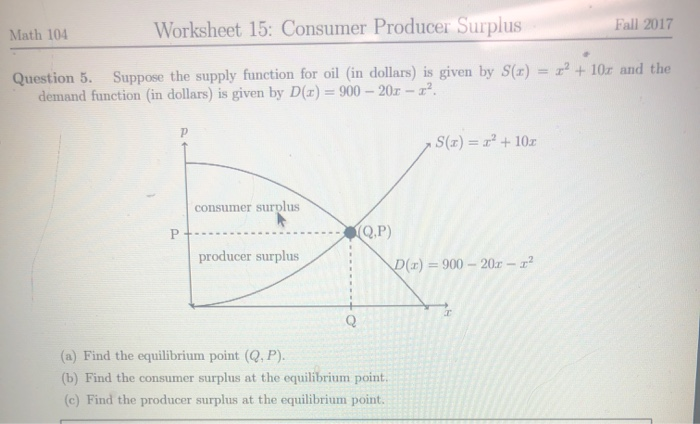 Worksheet 15: Consumer Producer Surplus Math 104 Fall | Chegg.com