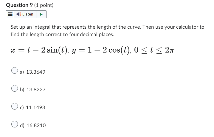 Solved Question 9 (1 ﻿point)Set up an integral that | Chegg.com