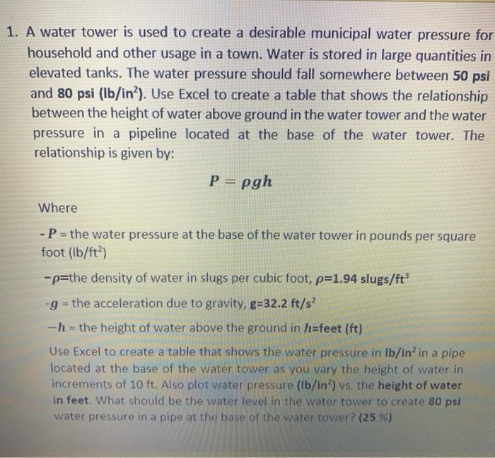 Solved 1. A water tower is used to create a desirable | Chegg.com