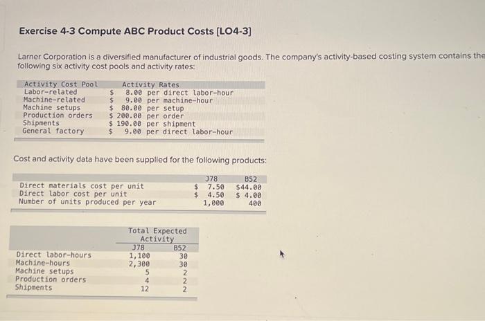 Solved Exercise 4-3 Compute ABC Product Costs [LO4-3] Larner | Chegg.com