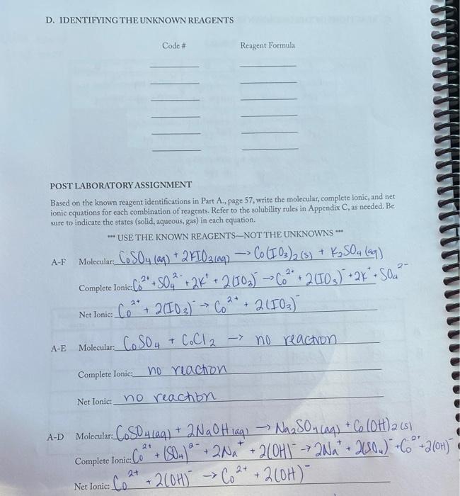 Solved D. IDENTIFYING THE UNKNOWN REAGENTS Code# Reagent | Chegg.com