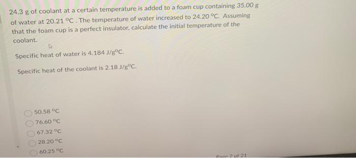 Solved 24.3 g of coolant at a certain temperature is added | Chegg.com