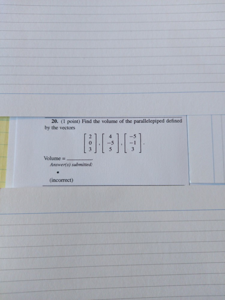 Solved 20. (1 point) Find the volume of the parallelepiped | Chegg.com