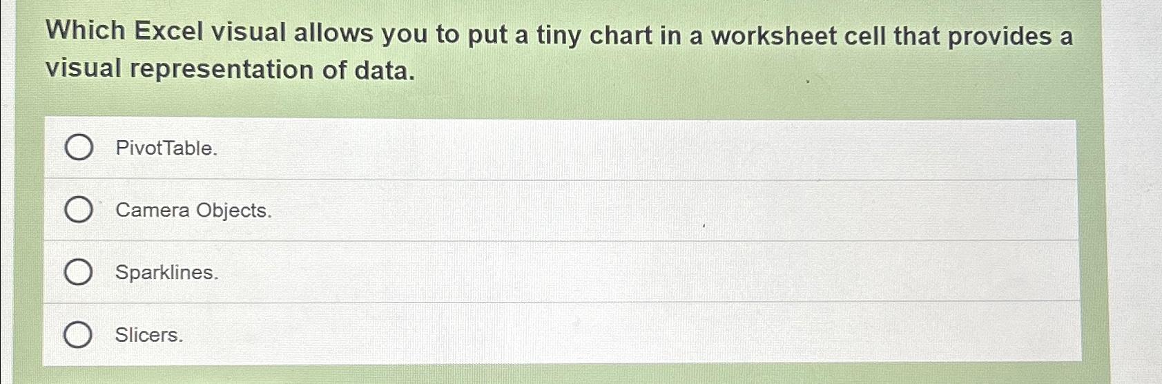 Solved Which Excel visual allows you to put a tiny chart in | Chegg.com
