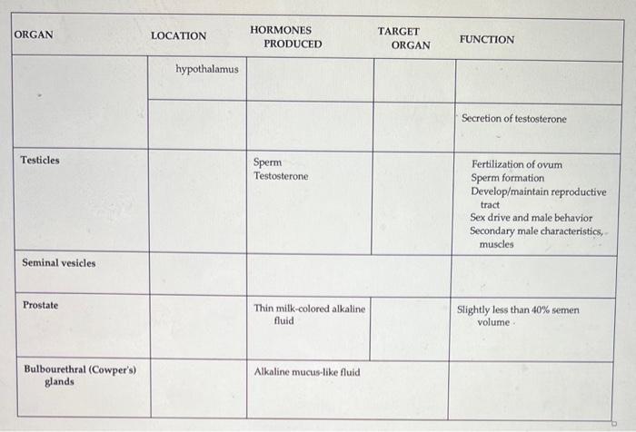 Solved ORGAN LOCATION HORMONES TARGET PRODUCED ORGAN | Chegg.com
