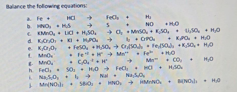 Solved Balance the following equations: a. Fe HCI FeCl3 H2 | Chegg.com