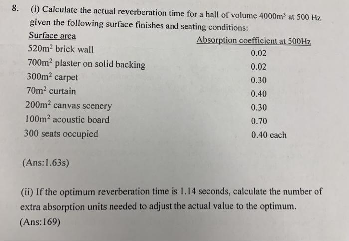 Solved 8. (i) Calculate the actual reverberation time for a | Chegg.com