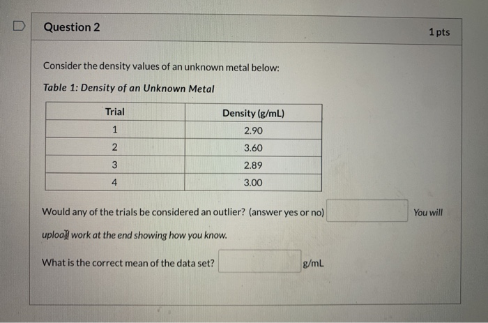 Solved Question 2 1 pts Consider the density values of an | Chegg.com
