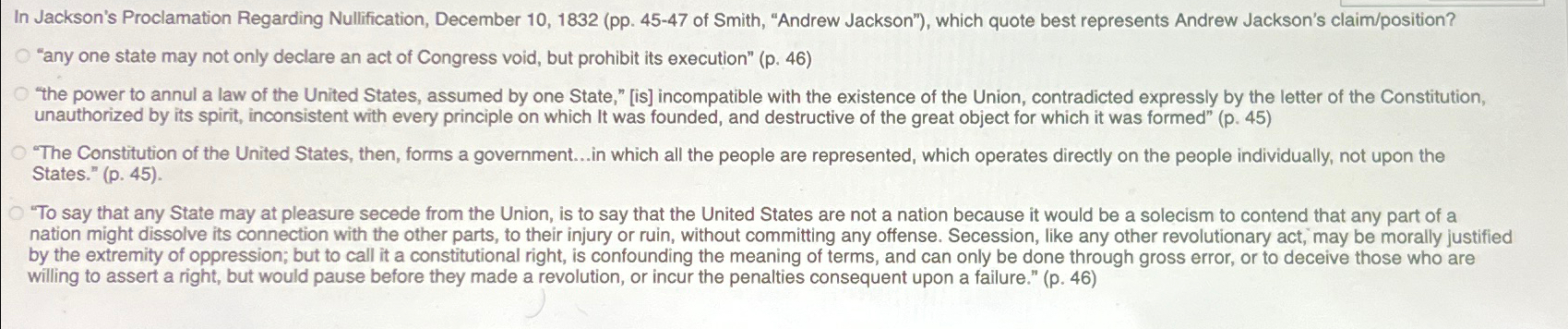 Solved In Jackson's Proclamation Regarding Nullification, | Chegg.com