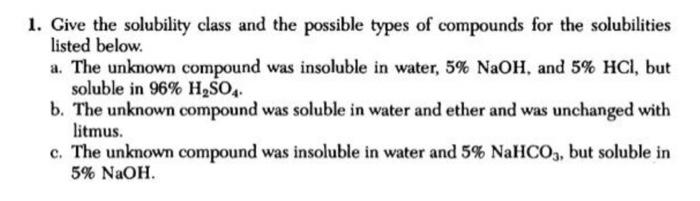 Solved 1. Give the solubility class and the possible types | Chegg.com