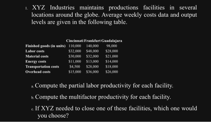 Solved 1. XYZ Industries maintains productions facilities in | Chegg.com