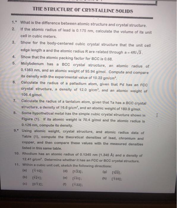 Solved THE STRUCTURE OF CRYSTALLINE SOLIDS 3. 1. What is the | Chegg.com