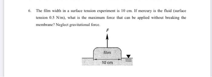 Solved 6. The film width in a surface tension experiment is | Chegg.com