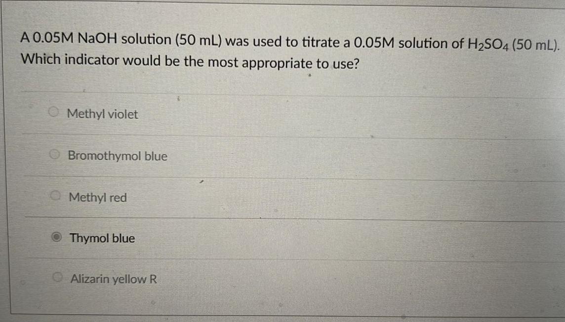 Solved A 0.05M NaOH solution (50 mL) was used to titrate a | Chegg.com
