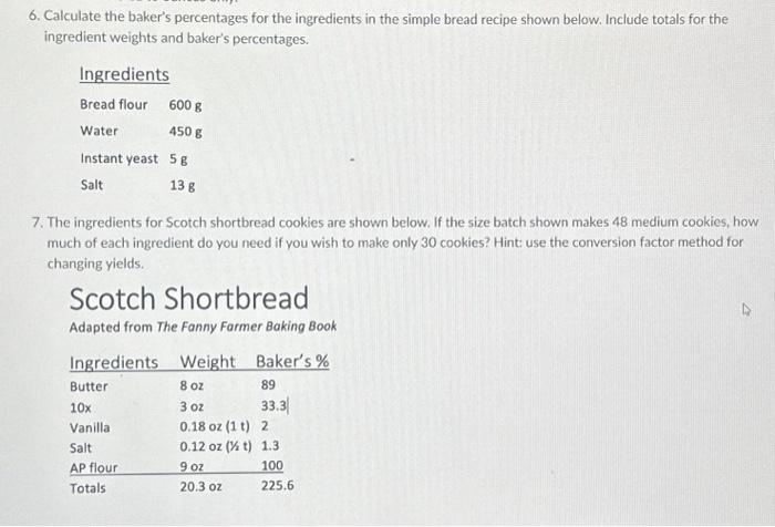 6. Calculate the baker's percentages for the | Chegg.com