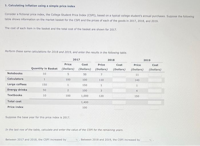 Solved 1. Calculating inflation using a simple price index | Chegg.com