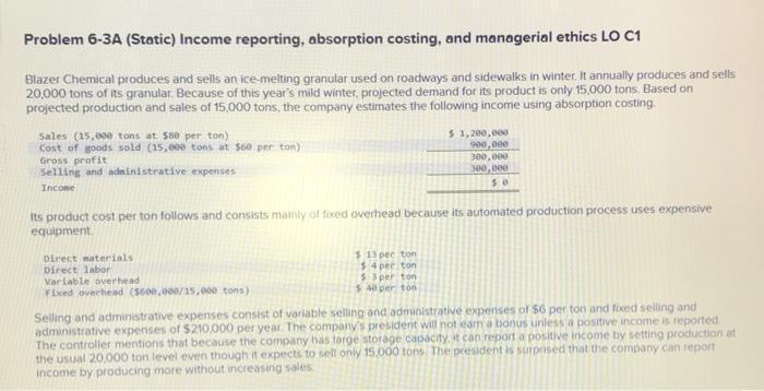 Solved Problem 6-3A (Static) Income reporting, absorption | Chegg.com