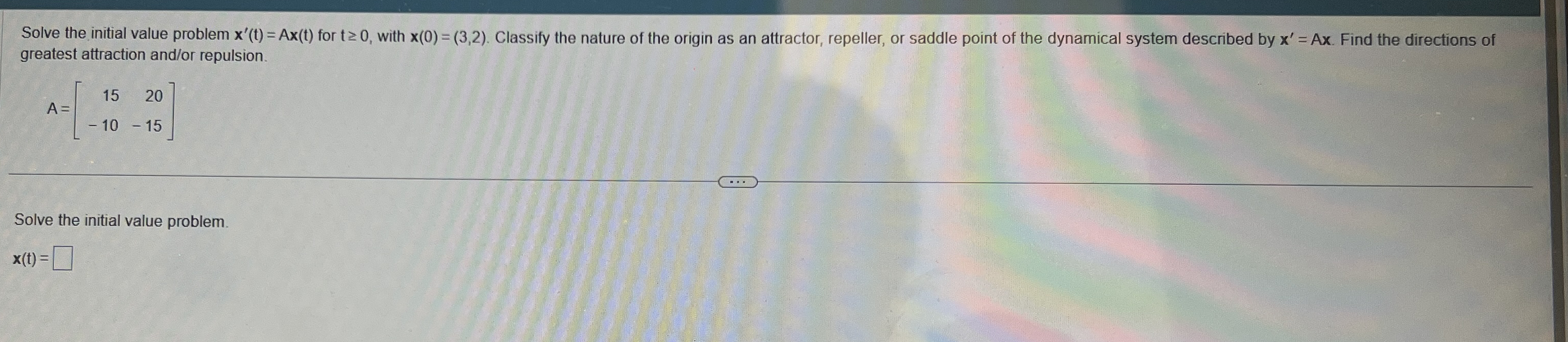 Solved Solve the initial value problem x'(t)=Ax(t) ﻿for t≥0, | Chegg.com