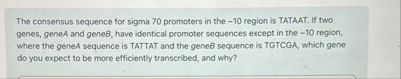 Solved The consensus sequence for sigma 70 ﻿promoters in the | Chegg.com