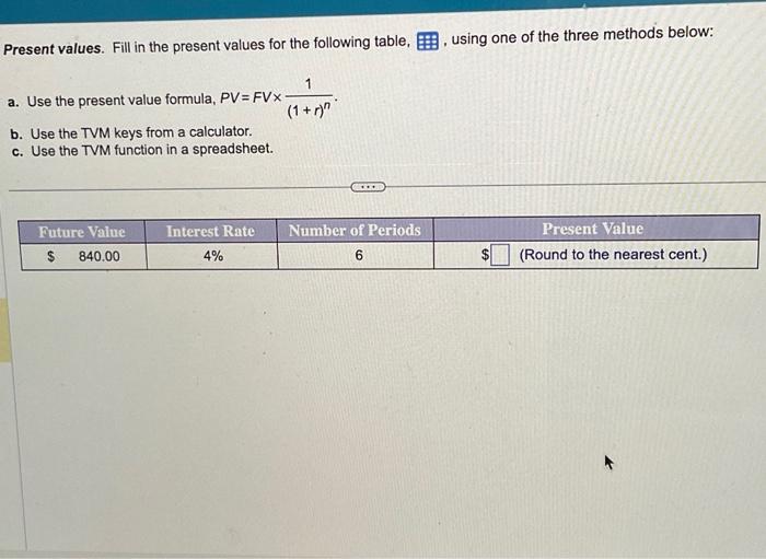 Solved Present values. Fill in the present values for the | Chegg.com