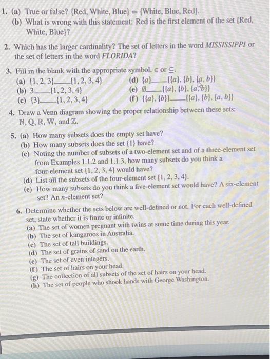 Solved 1. (a) True or false? [Red, White, Blue) = {White, | Chegg.com