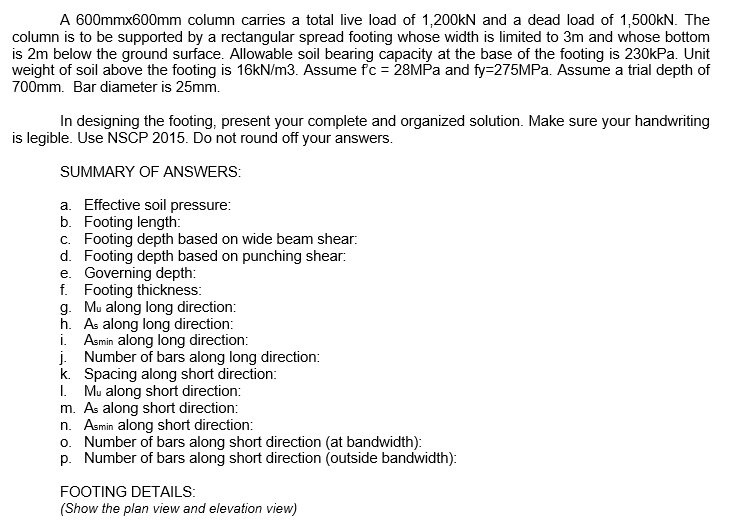 Solved A 600mmx600mm column carries a total live load of | Chegg.com