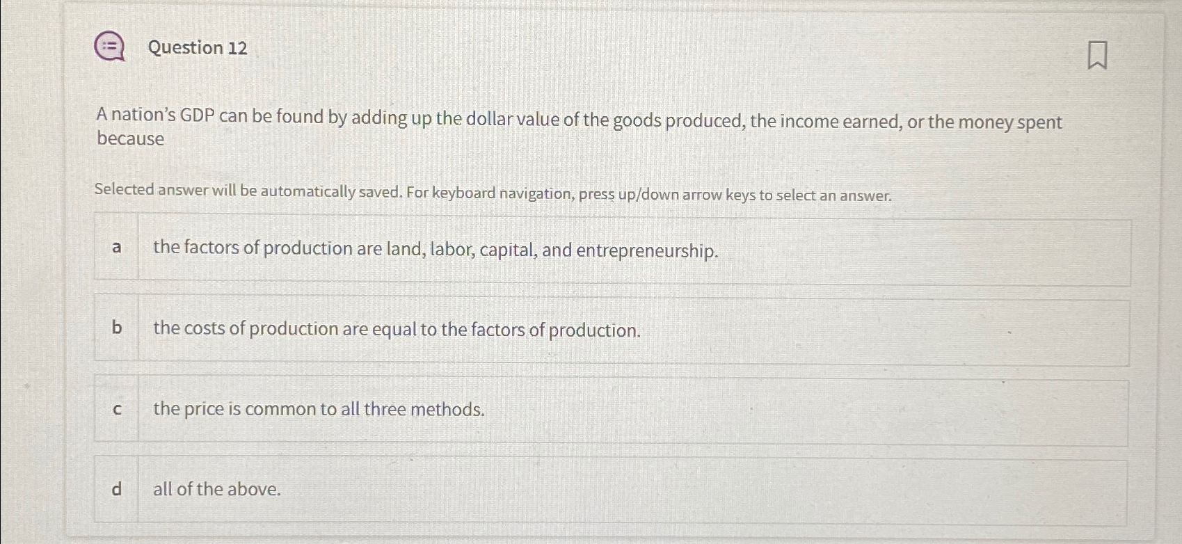 Solved Question 12A nation's GDP can be found by adding up | Chegg.com