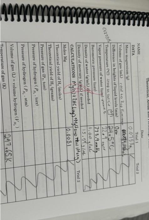 based on data can you help find for trial 1 the | Chegg.com