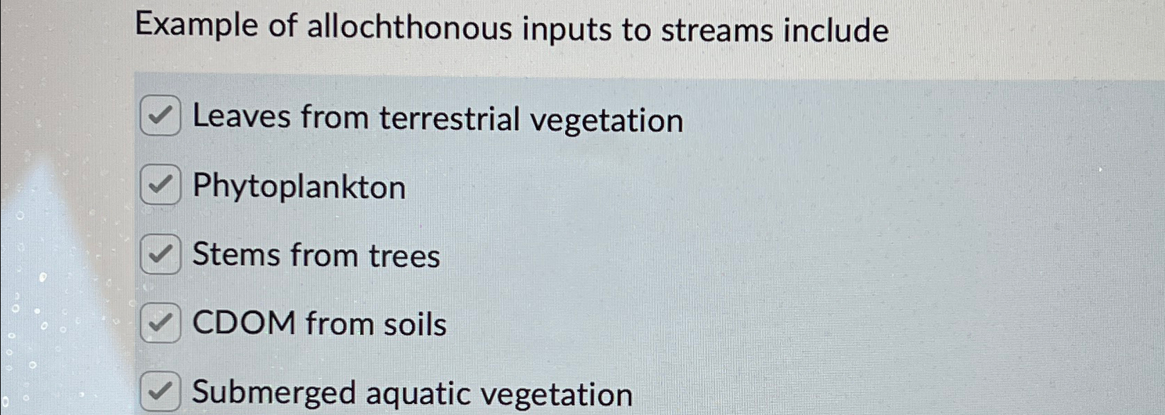 Solved Example of allochthonous inputs to streams | Chegg.com