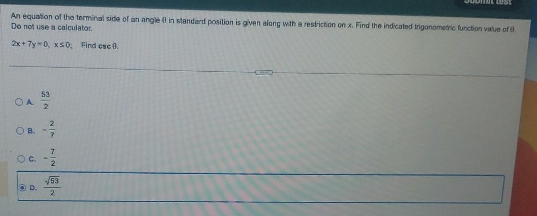 Solved An equation of the terminal side of an angle θ ﻿in | Chegg.com
