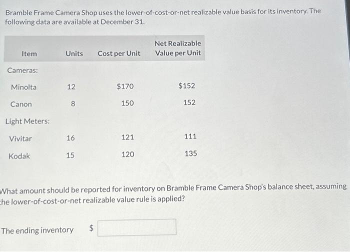 Solved Bramble Frame Camera Shop uses the | Chegg.com