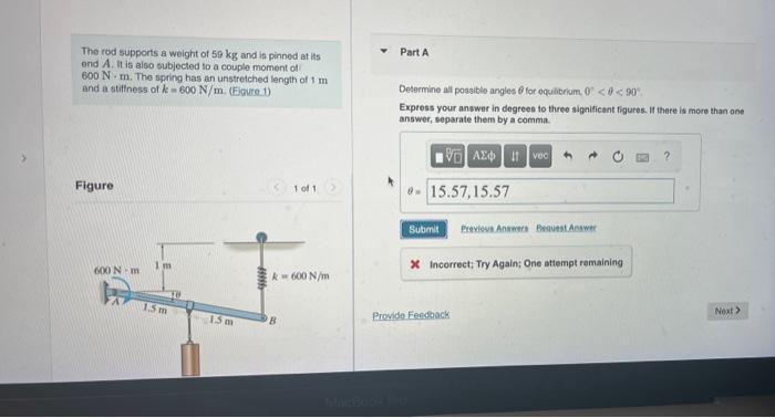 Solved The rod supports a weight of 59 kg and is pinned at | Chegg.com